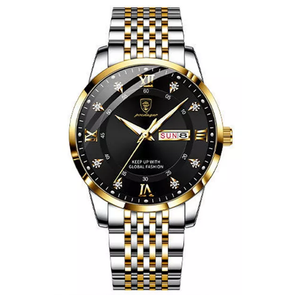 Poedagar Luxury Men’s Watch – Gold/Black Two-Tone Stainless Steel with ...